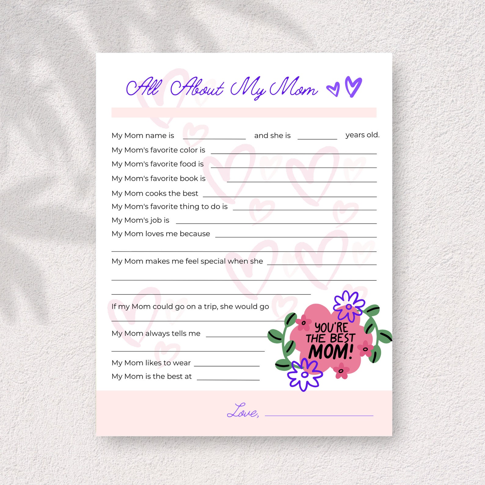 Printable Handwriting Gift Letter for Mom "all About My Mom" - Etsy