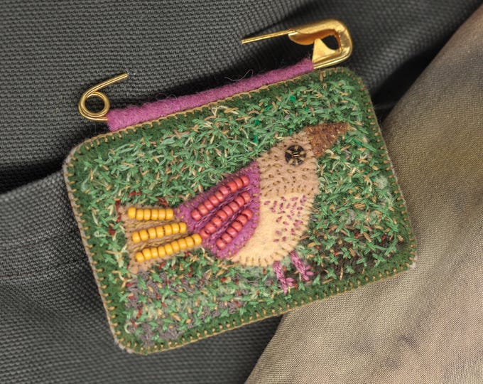 Hand Embroidered Bird Brooch ~ Boho Talisman Pin With Seed Beads & Real ...
