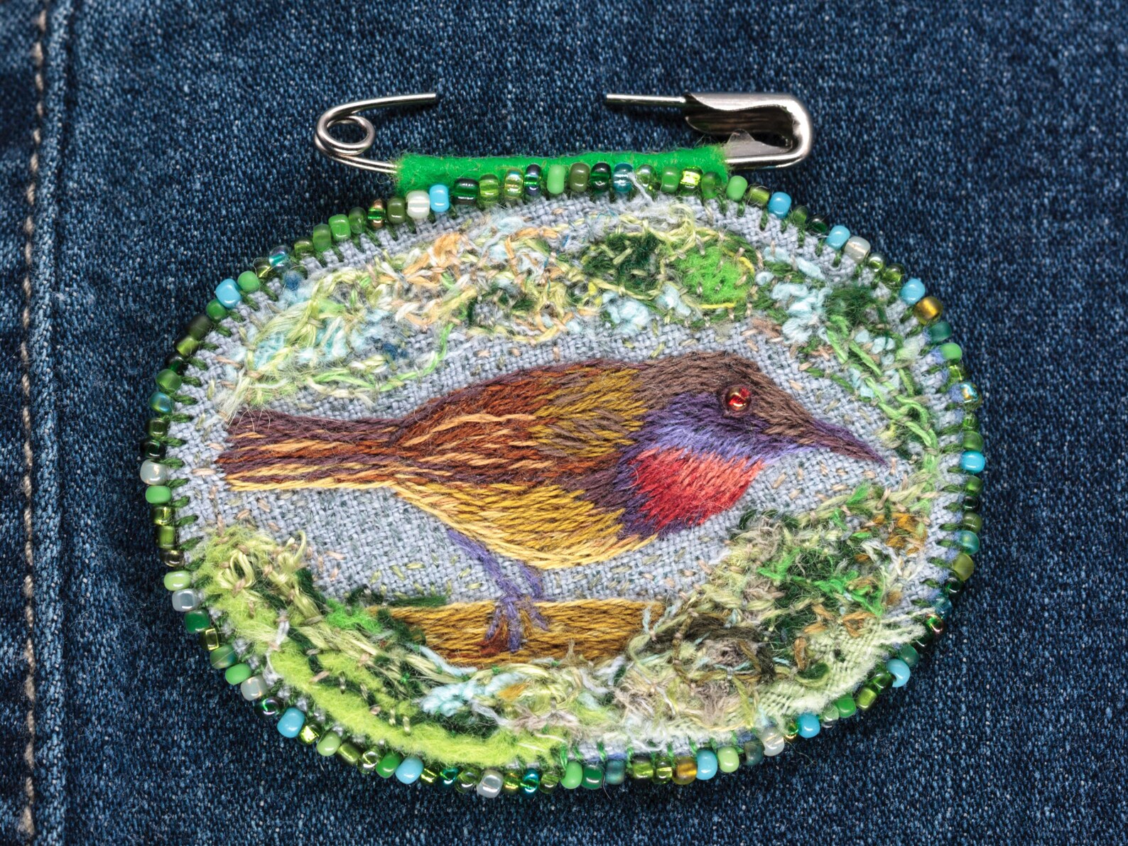 Hand Embroidered Bird Brooch – Boho Amulet Pin With Real Orts — Green ...