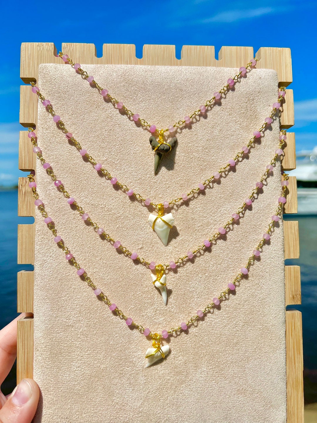 Gold Plated Pink Jade Shark Tooth Necklace - Etsy