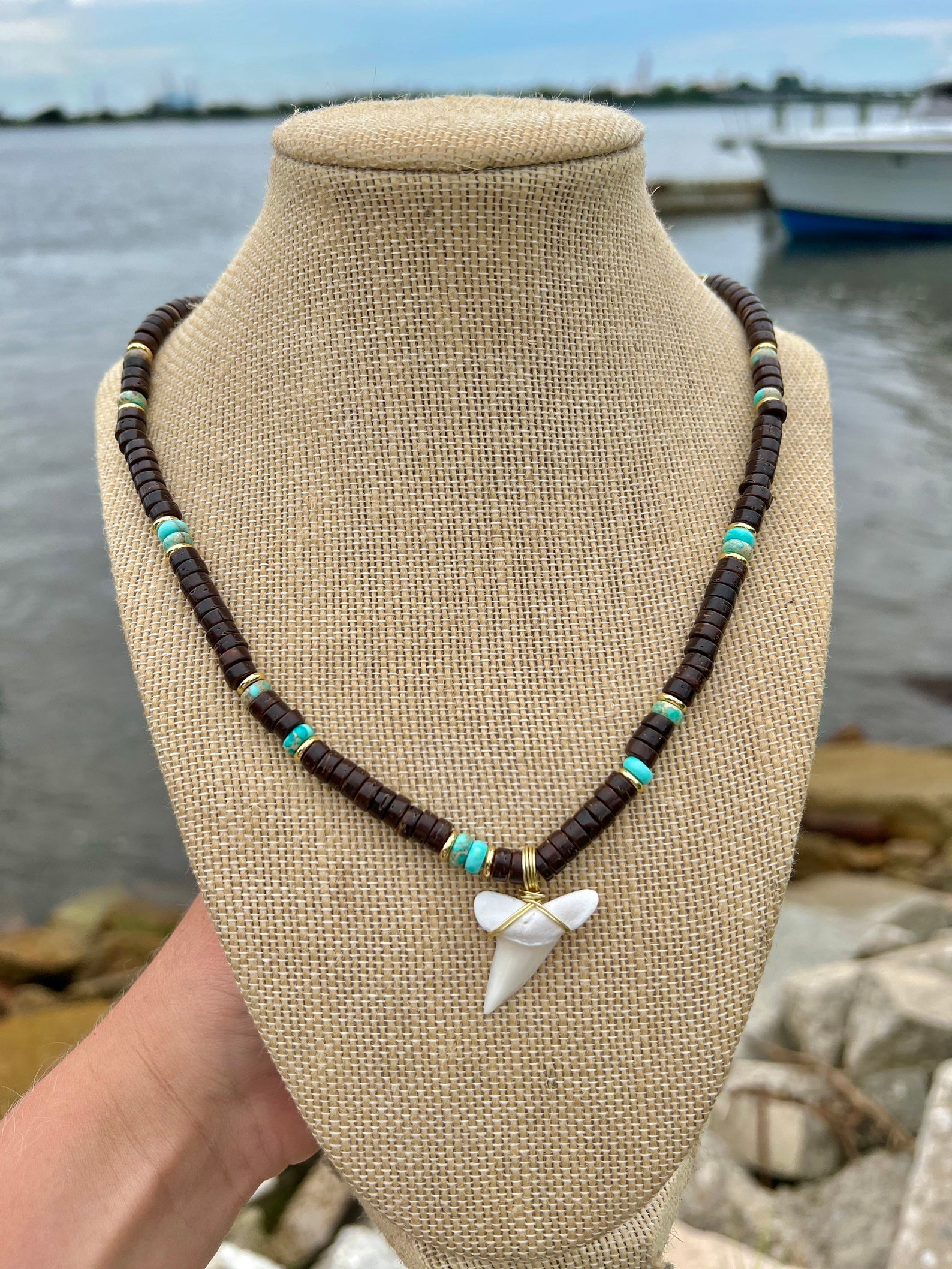 Coconut & Natural Imperial Jasper Beaded Shark Tooth Necklace - Etsy