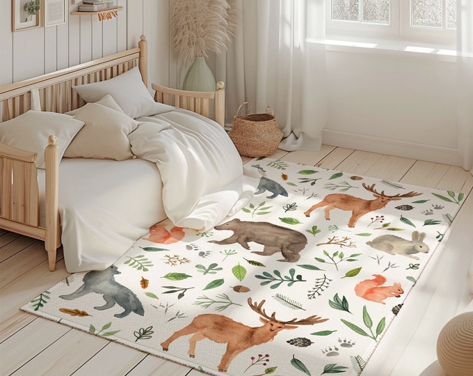 Woodland Animal Ultra Soft Nursery Kids Rug, Watercolor Fall Forest ...