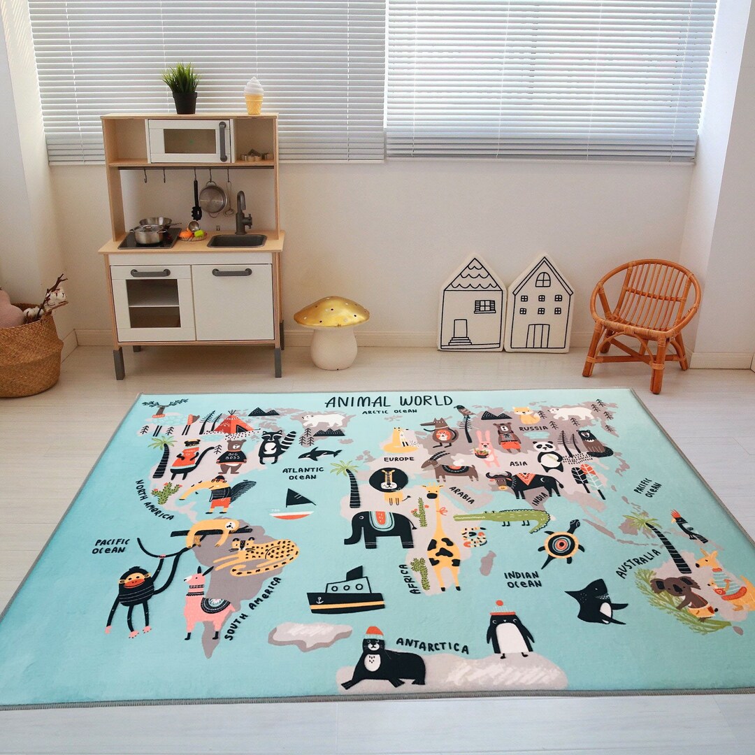 Animal World Map Ultra Soft Kids Rug, Pillow Case Gift, Nursery Rug ...