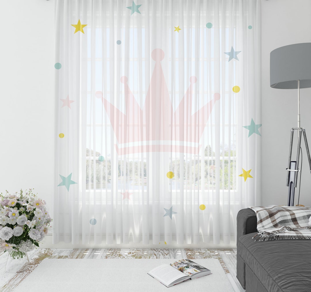 Princess Crown Sheer Curtain Kids Room Window Panel With Stars & Crown ...
