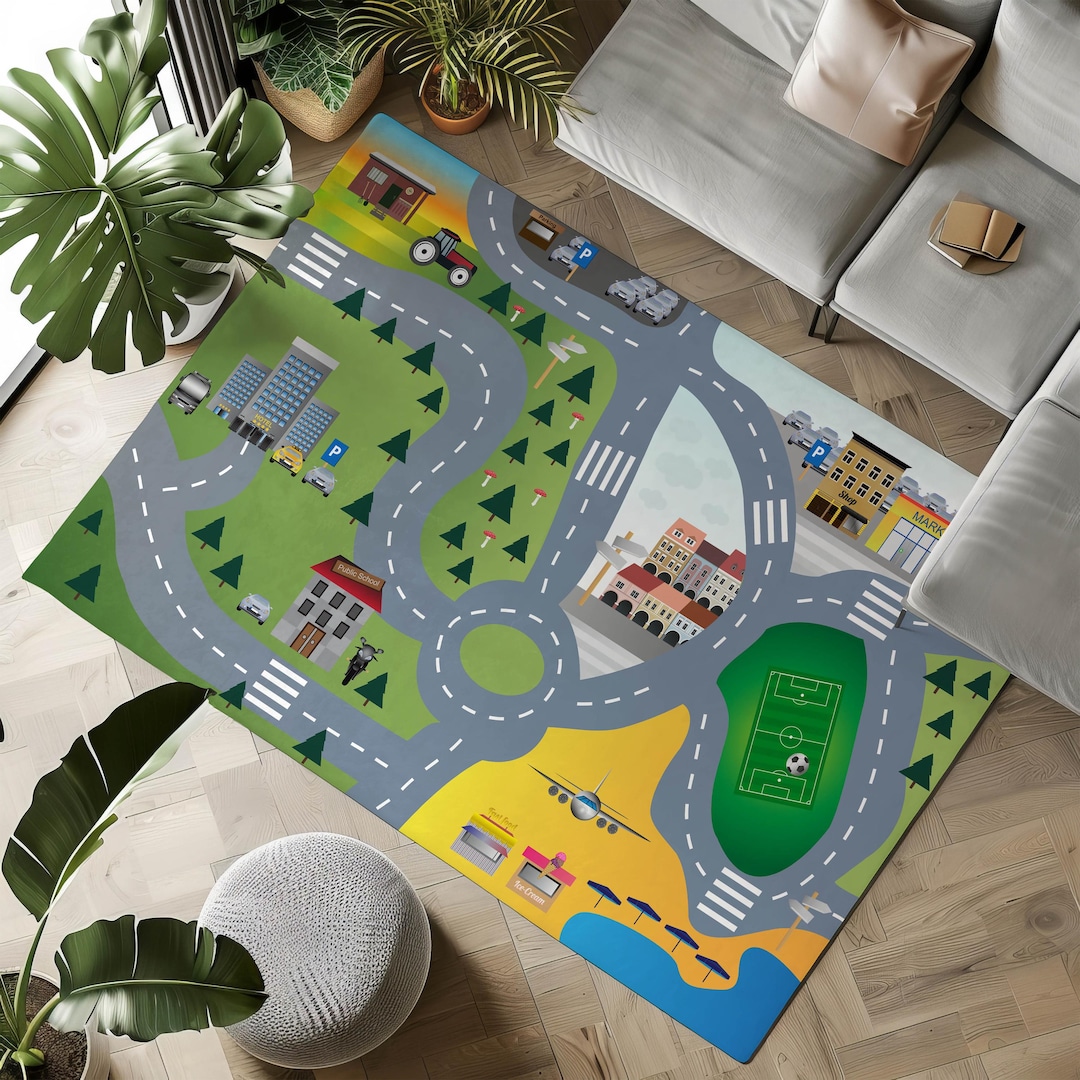 Kids Play Rug With City Road Map Non-slip, Ultra-soft & Washable, Ideal ...