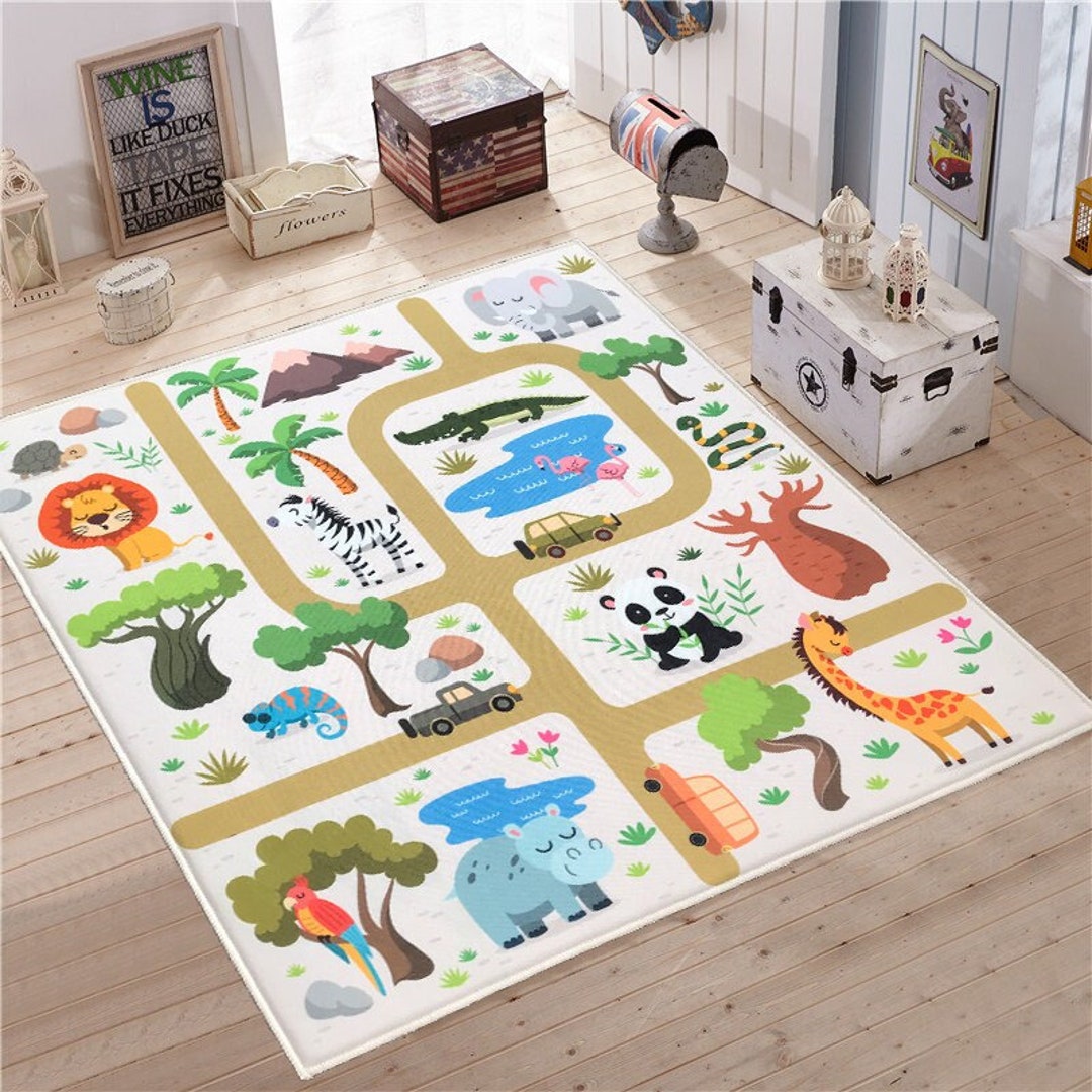 Safari Square Ultra Soft Kids Rug, Zoo Rug, Nursery Rug, City Road Kids ...