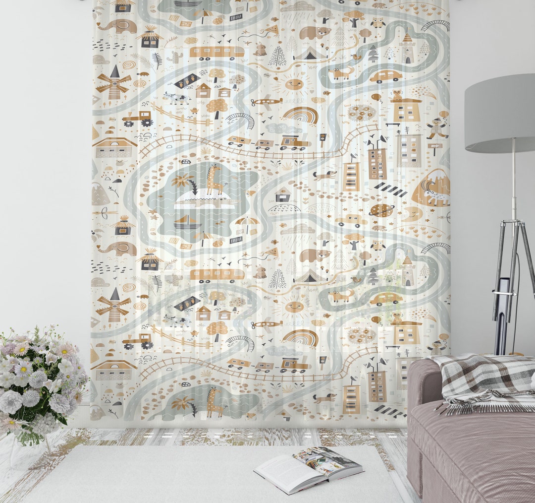 Adventure Map Sheer Curtains for Kids Fun Playroom Decor With Scenic ...