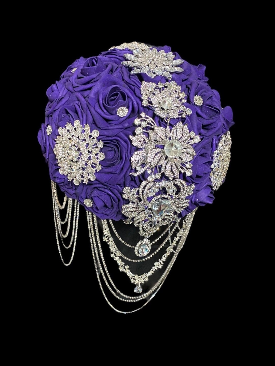 Cascade Waterfall Dark Purple L Ivory Real Touch Roses Brooch Bouquet ...