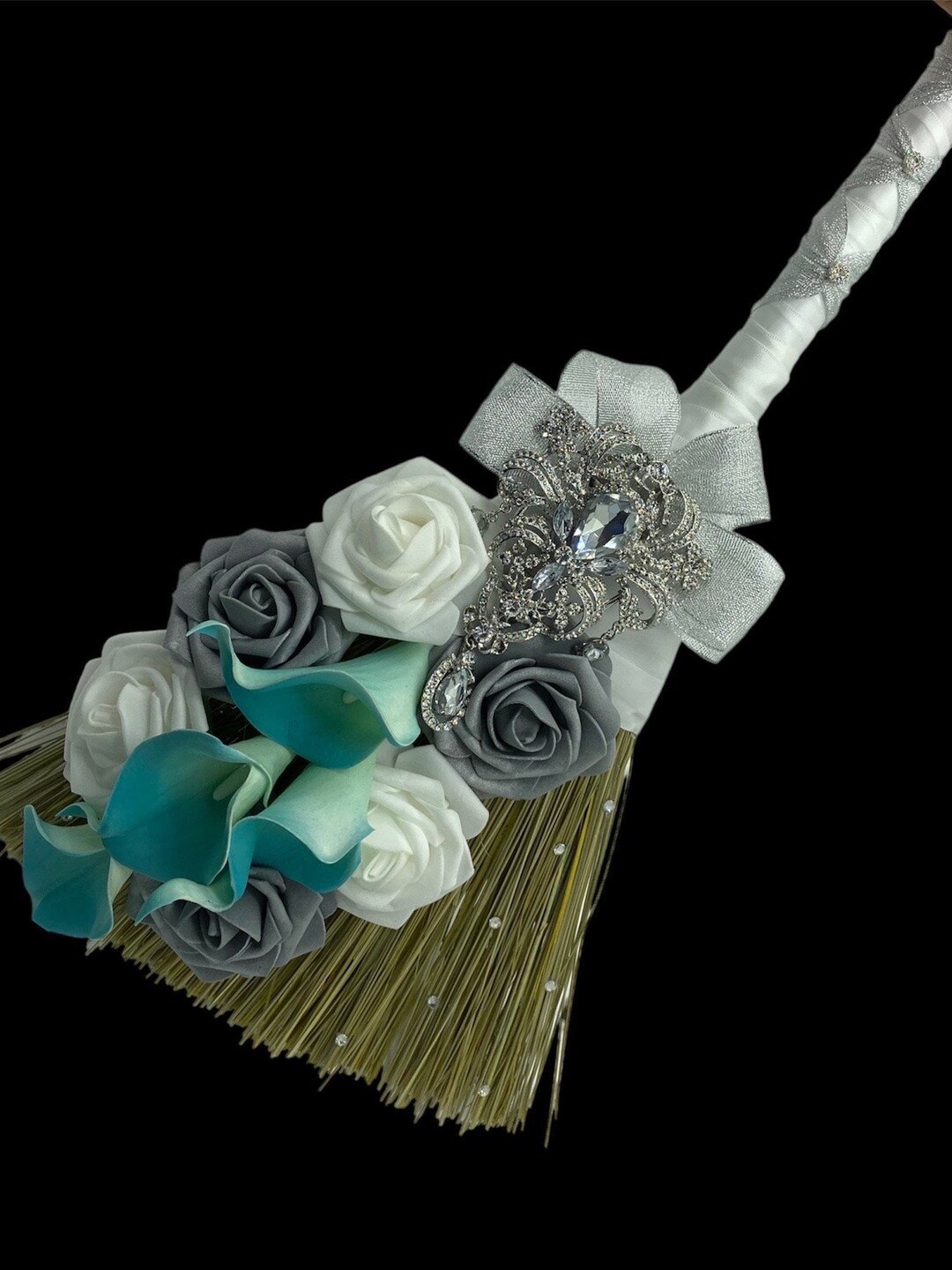 Customized Wedding Jumping Broom L Silver White Roses Aqua Calla ...