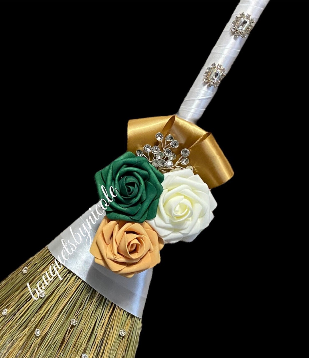 Personalized Wedding Jumping Broom L Emerald Green and Gold Roses L ...