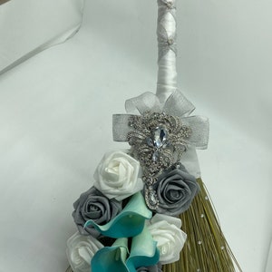 Customized Wedding Jumping Broom L Silver White Roses Aqua Calla ...