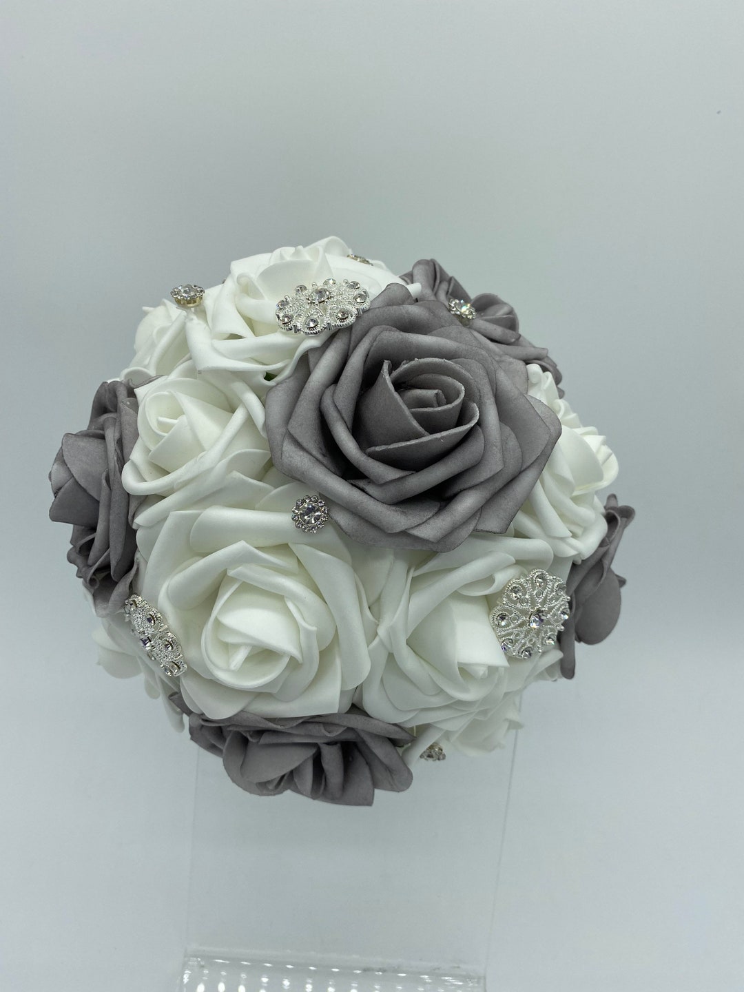 Silver White Real Touch Roses Brooch Bouquet Bridal Bouquet L - Etsy