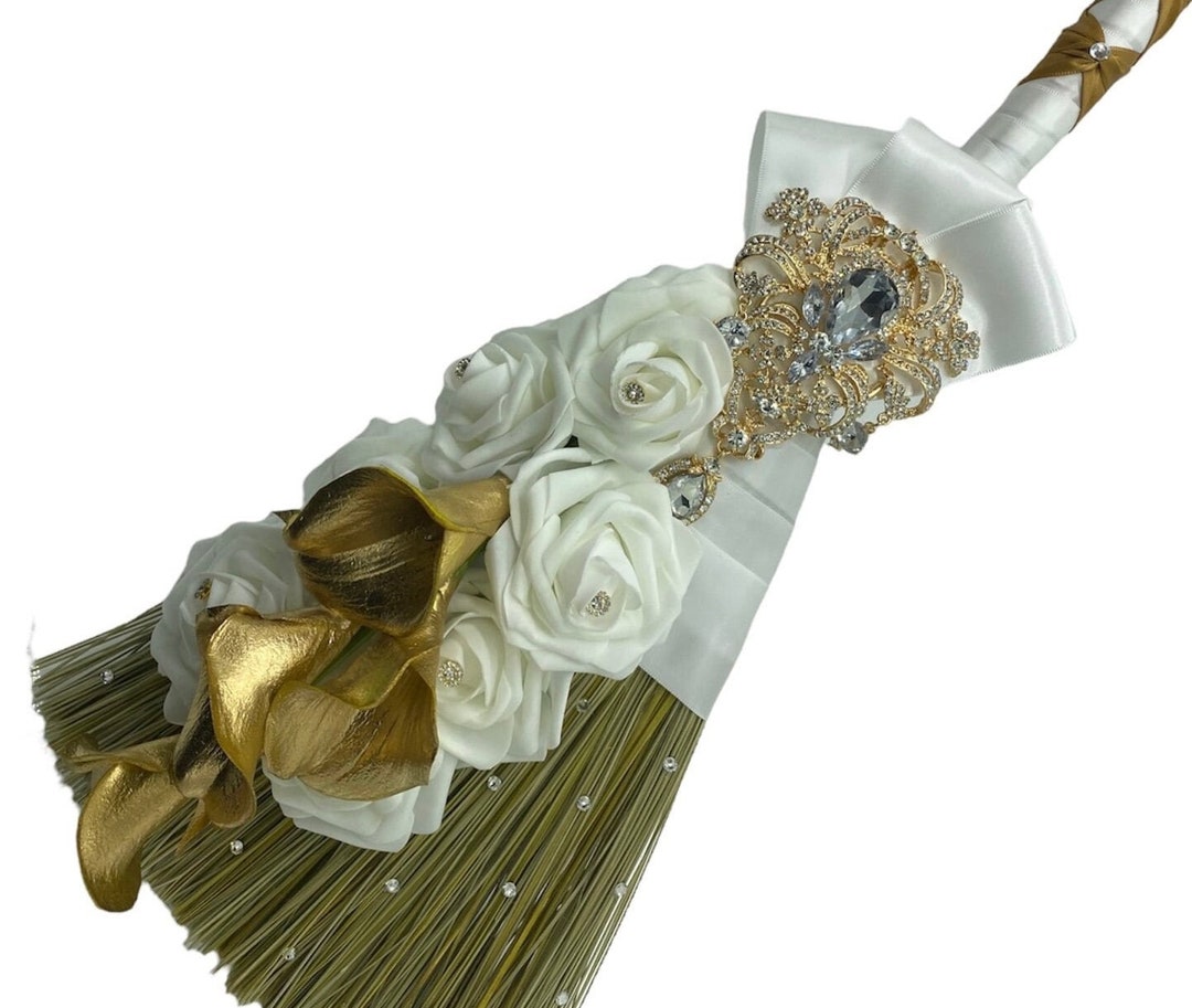 Customized Wedding Jumping Broom L White Roses Gold Calla - Etsy