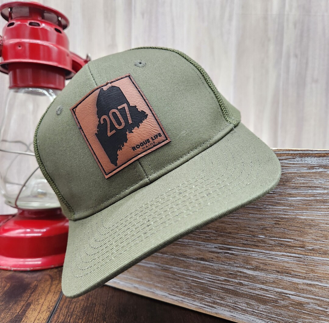 Maine State 207 Area Code Trucker Hat | Moss Green Cap With Leather Patch - Etsy