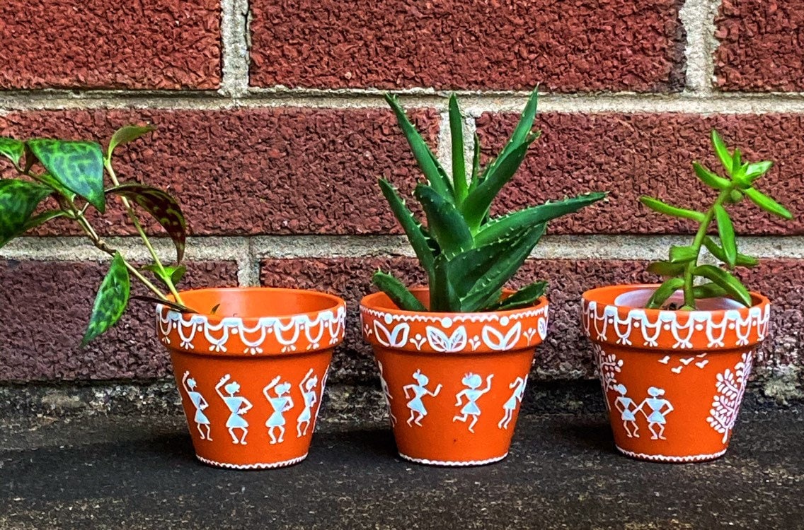 Painted Pots 3 Hand Painted Warli Art Flower Pots Unique - Etsy