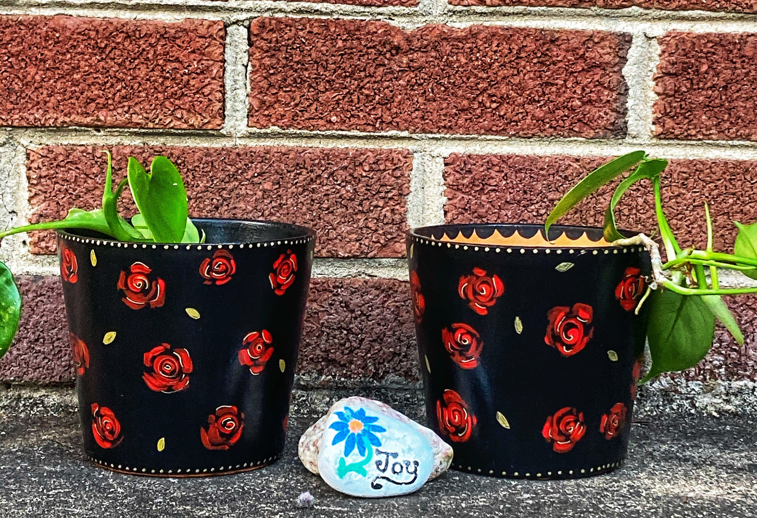 Black, Red Roses, Gold Plant Pots Pair, Hand Painted Black and Red ...