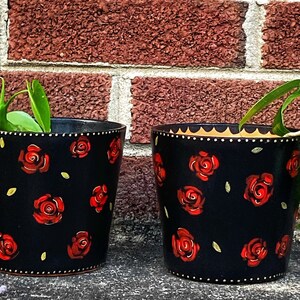 Black, Red Roses, Gold Plant Pots Pair, Hand Painted Black and Red ...