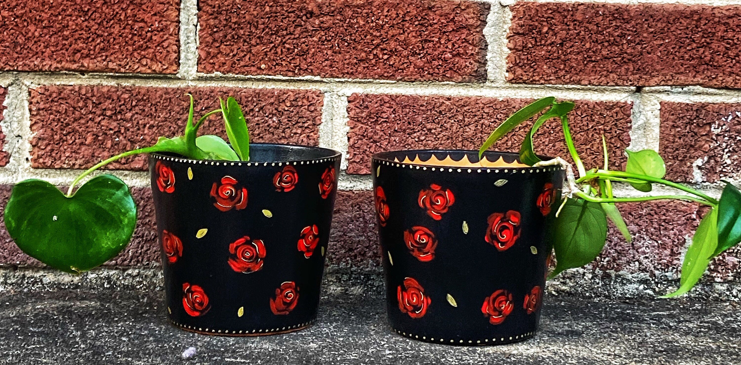 Black, Red Roses, Gold Plant Pots Pair, Hand Painted Black and Red ...