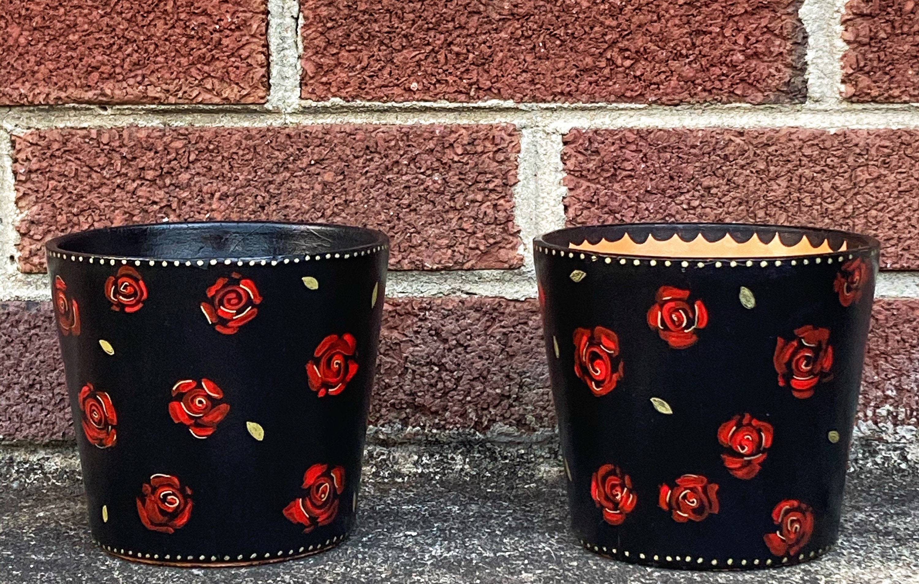 Black, Red Roses, Gold Plant Pots Pair, Hand Painted Black and Red ...