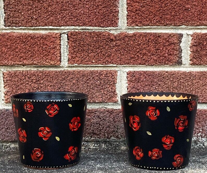 Black, Red Roses, Gold Plant Pots Pair, Hand Painted Black and Red ...