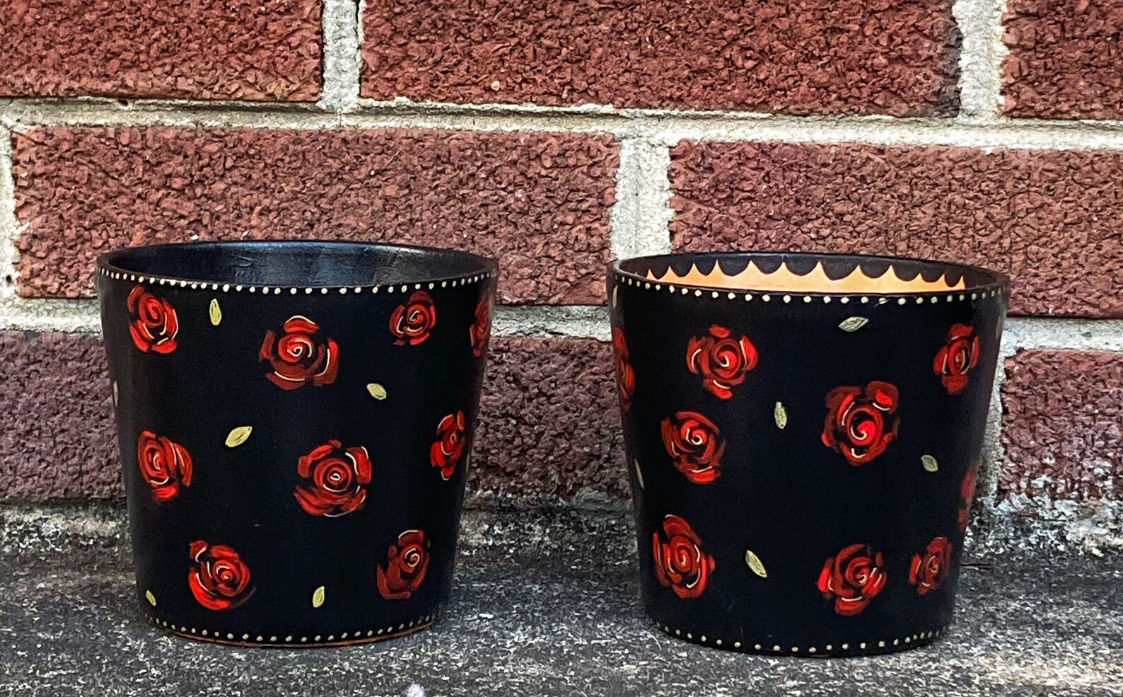 Black, Red Roses, Gold Plant Pots Pair, Hand Painted Black and Red ...
