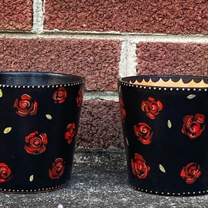 Black, Red Roses, Gold Plant Pots Pair, Hand Painted Black and Red ...