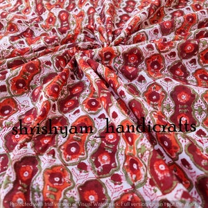 Red Floral Print Fabric, Hand Block Print India Fabric Sold by Yard ...