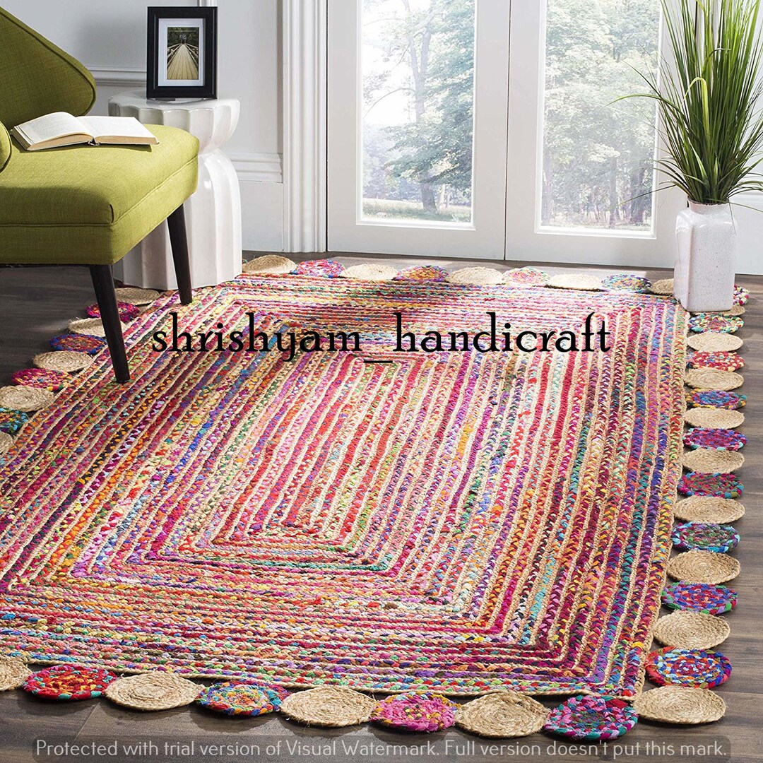 Natural Jute Rectangle Rug Indian Beautiful Handwoven Ribbed Solid Area ...