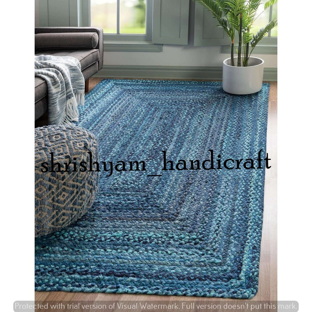 Bohemian Hand Braided Blue & Turquoise Color Cotton Chindi Area Rug ...