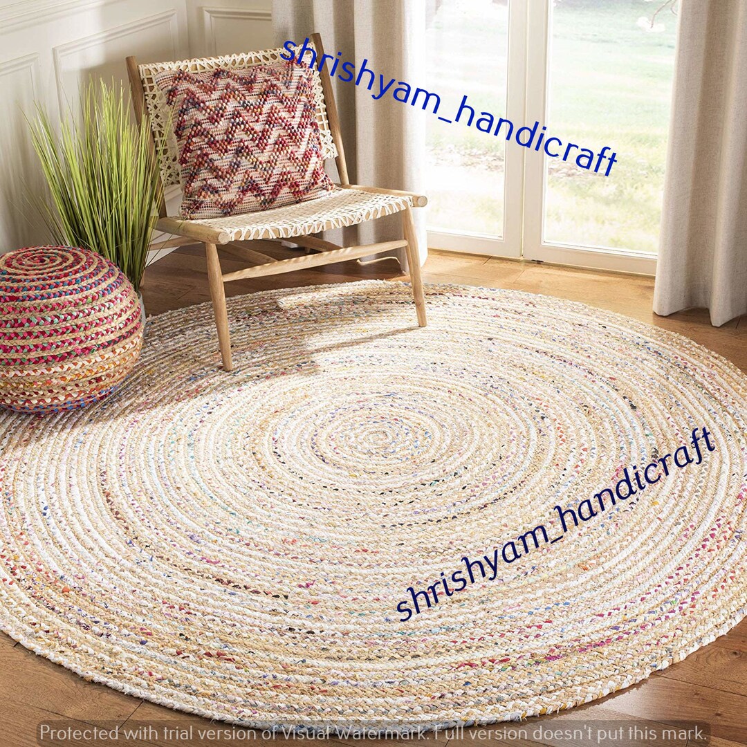 Home Decor Bedroom Living Room Jute and Cotton Rug Round White Multi ...