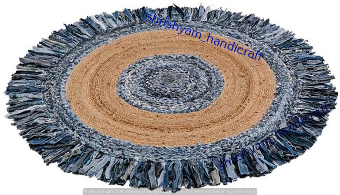 Home Decor Jute and Denim Round Rug Jute and Cotton Tassel Rug - Etsy UK