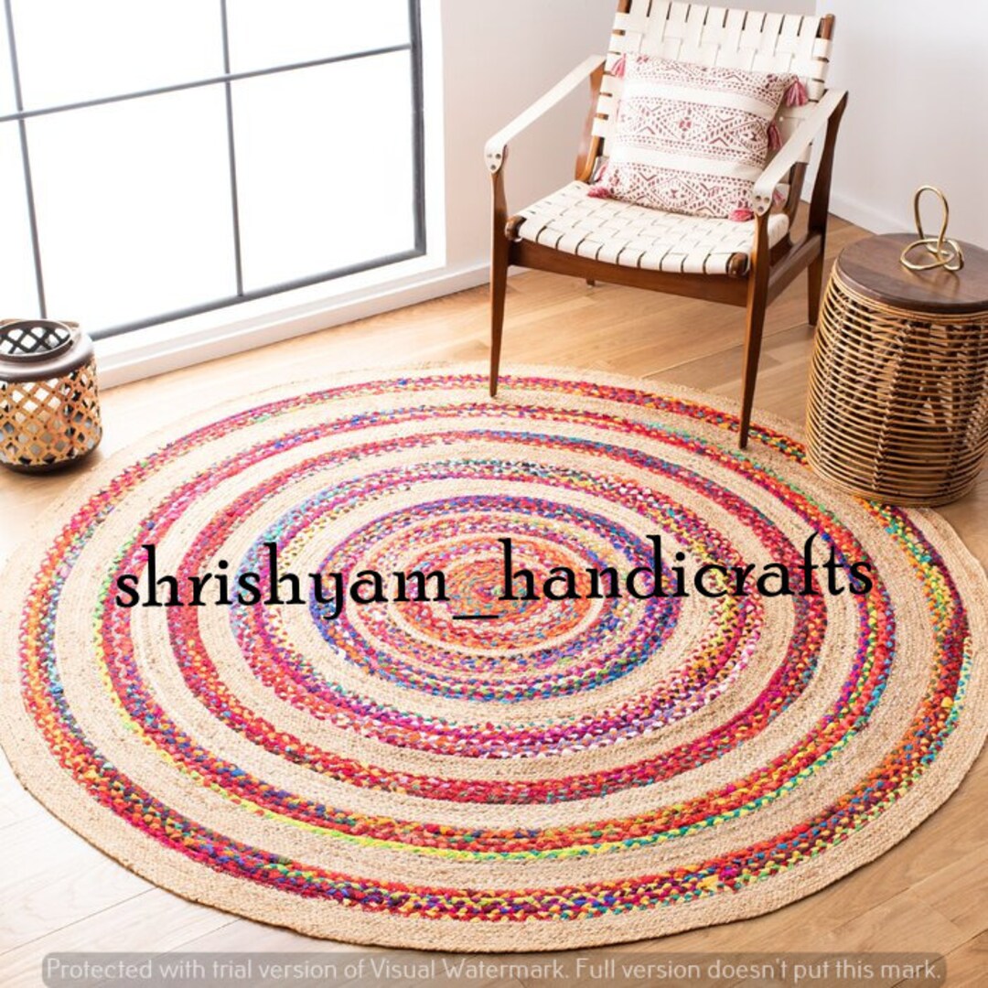 Bohemian Hand Braided Colorful Cotton Jute Area Rug Round Rug Multi ...