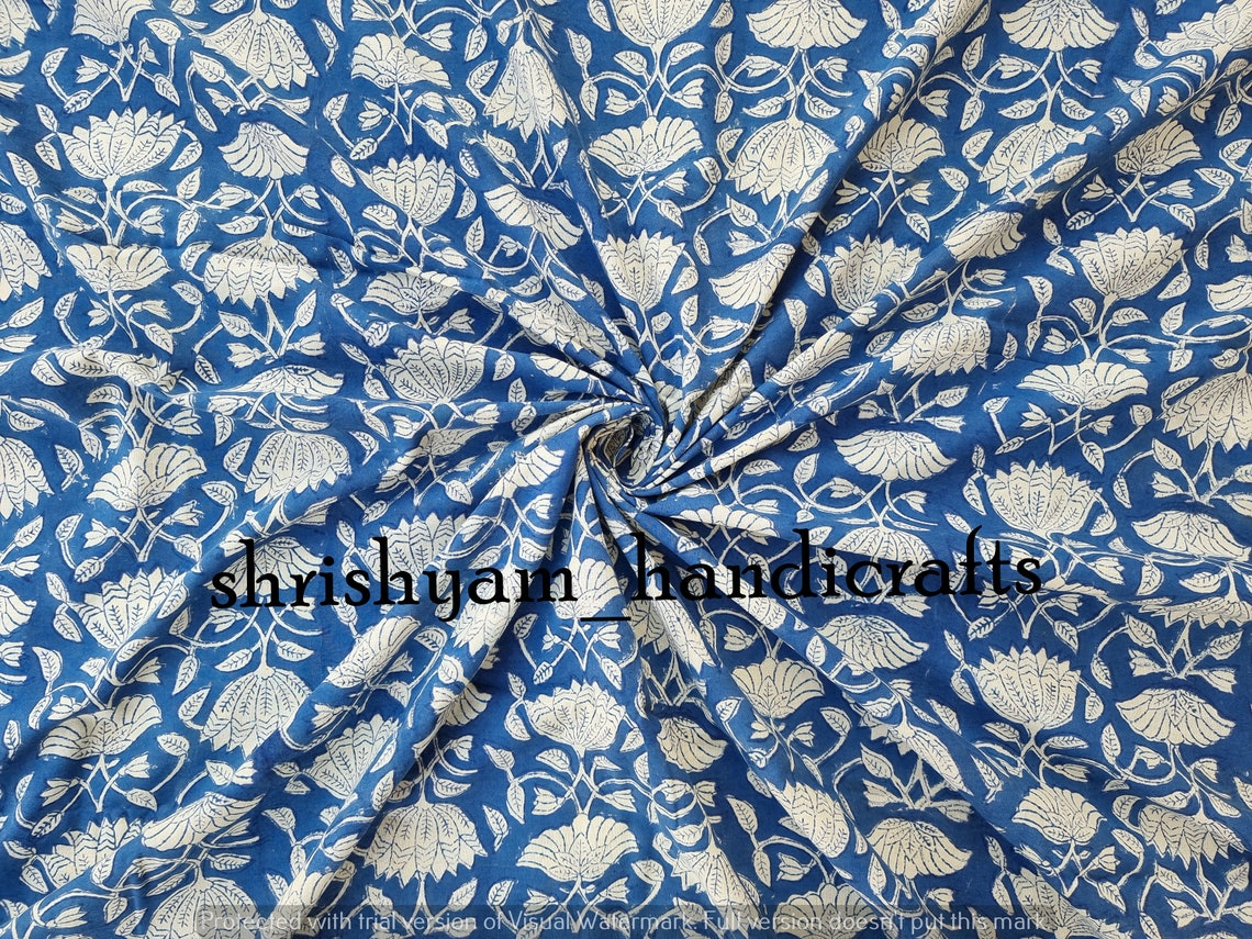 Indian Blue Colour Beautiful Hand Block Printed Floral Fabric | Etsy