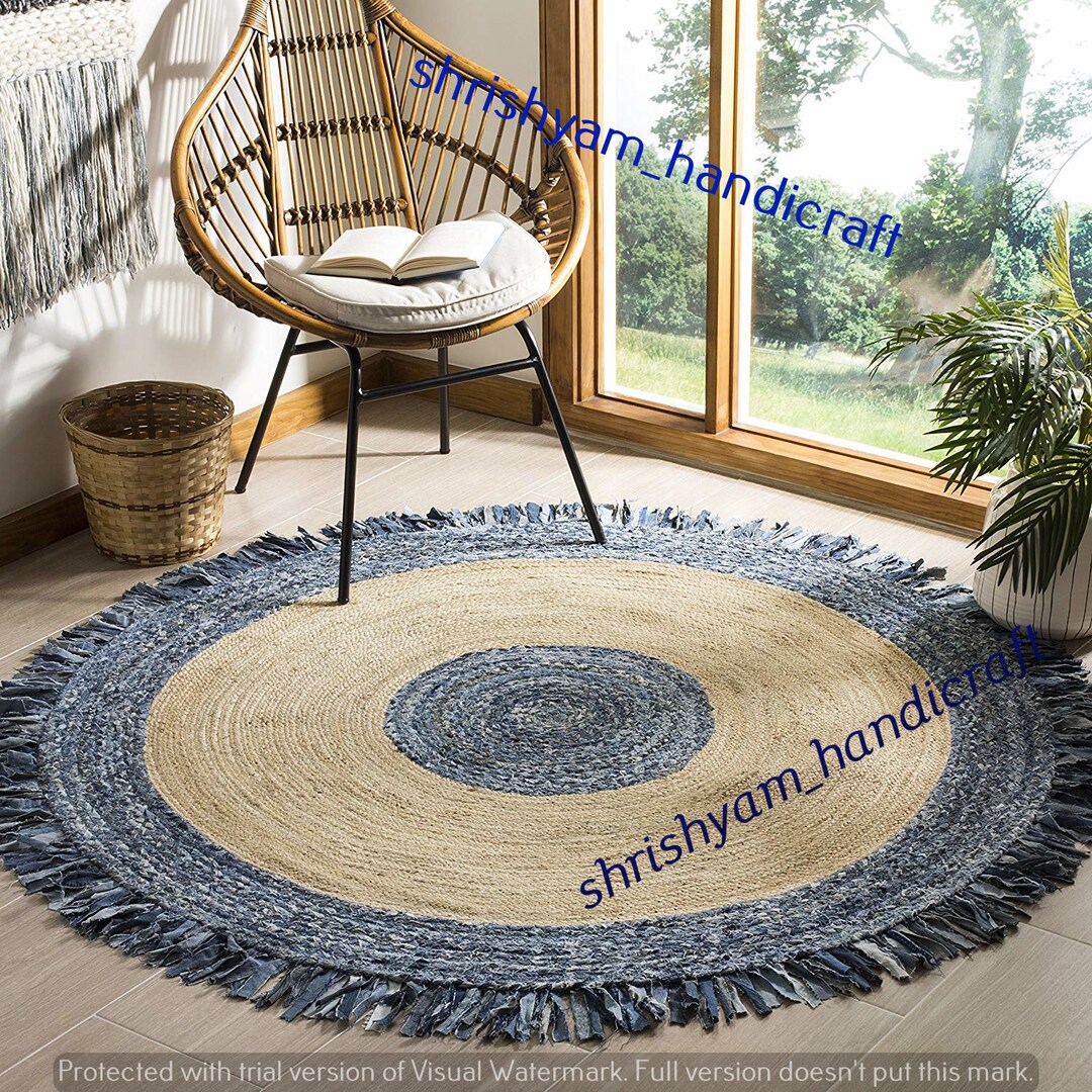 Home Decor Jute and Denim Round Rug Jute and Cotton Tassel Rug for ...