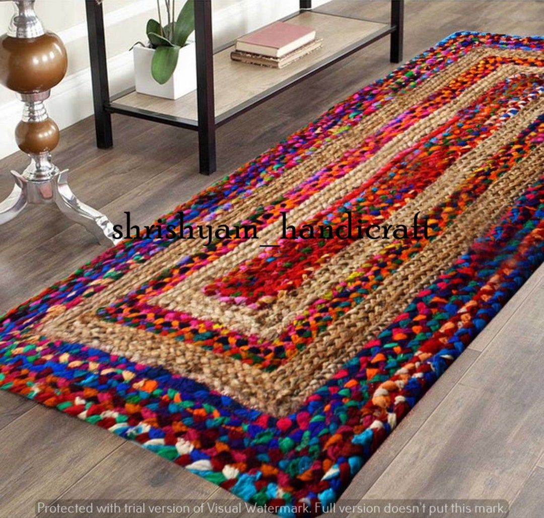 Buy Indian Jute & Cotton Mix Rug, Braided Rag Rug, Multi Colour ...