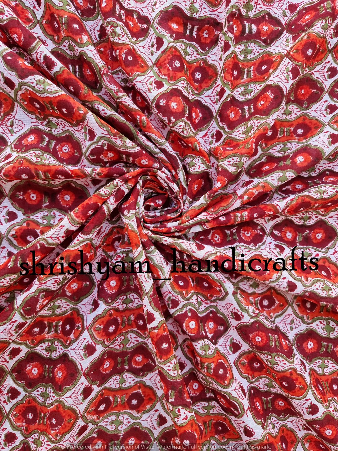 Red Floral Print Fabric, Hand Block Print India Fabric Sold by Yard ...