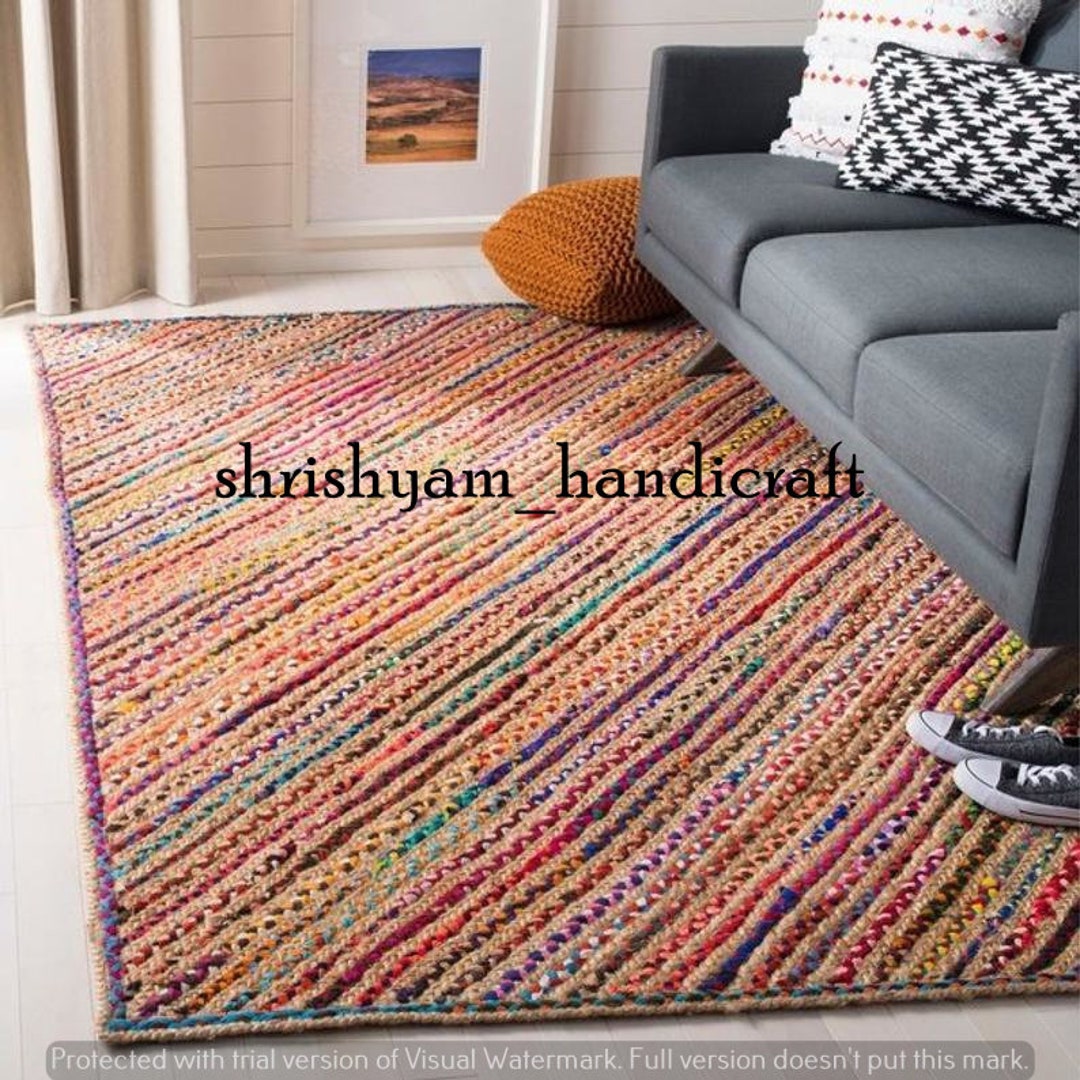 Indian Jute & Cotton Mix Rug, Braided Rag Rug Multi Colour Handwoven ...