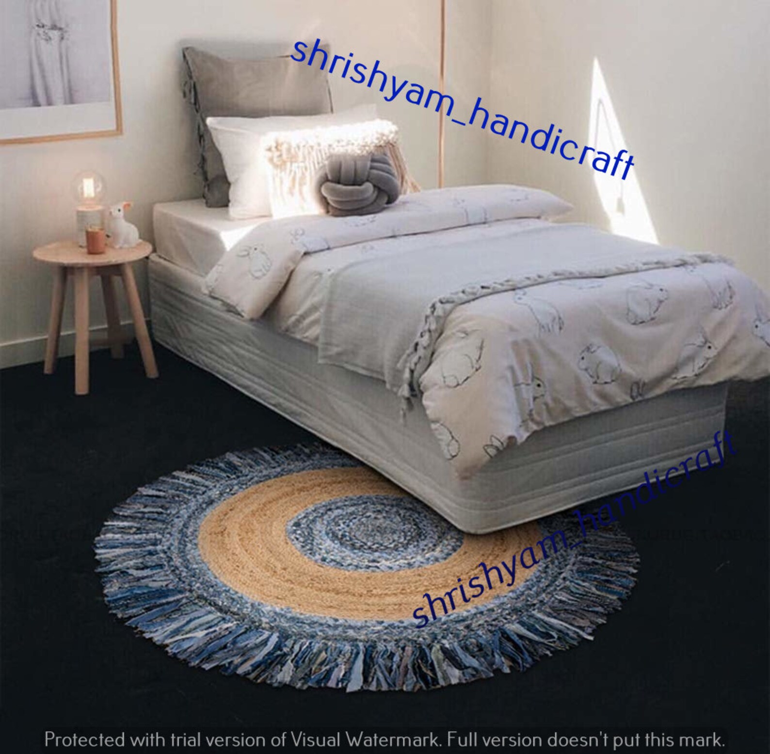 Home Decor Jute and Denim Round Rug Jute and Cotton Tassel Rug - Etsy UK