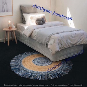 Home Decor Jute and Denim Round Rug Jute and Cotton Tassel Rug for ...