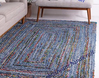 Hand Braided Bohemian Multi Turquoise Cotton Chindi Area Rug - Etsy