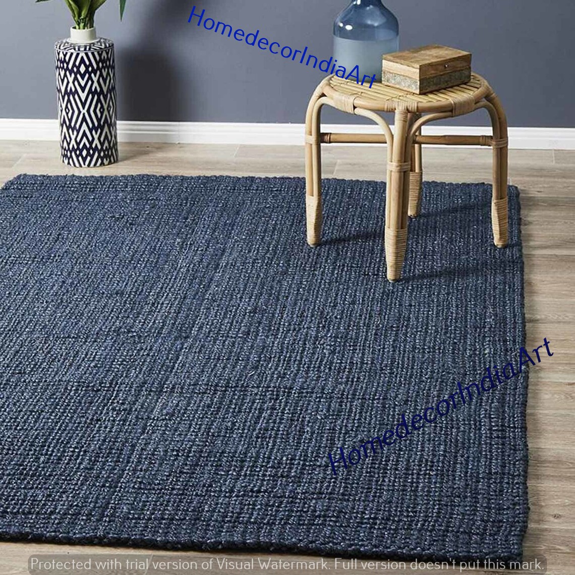 Blue Color Natural Jute Rectangle Rug Indian Handmade | Etsy