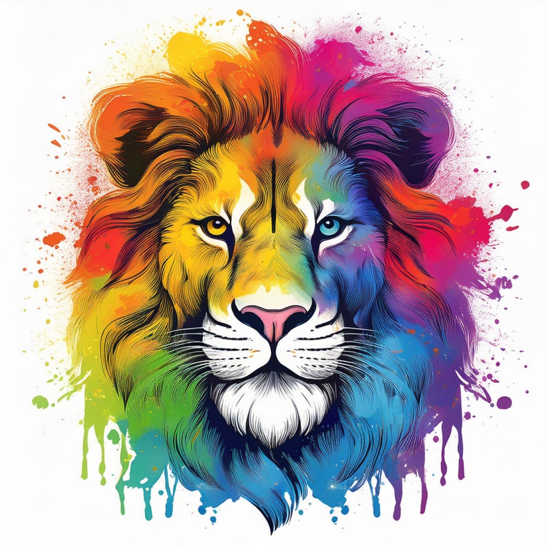 Rainbow Splatter Lion Art Instant Digital Download - JPG PNG Files - Etsy