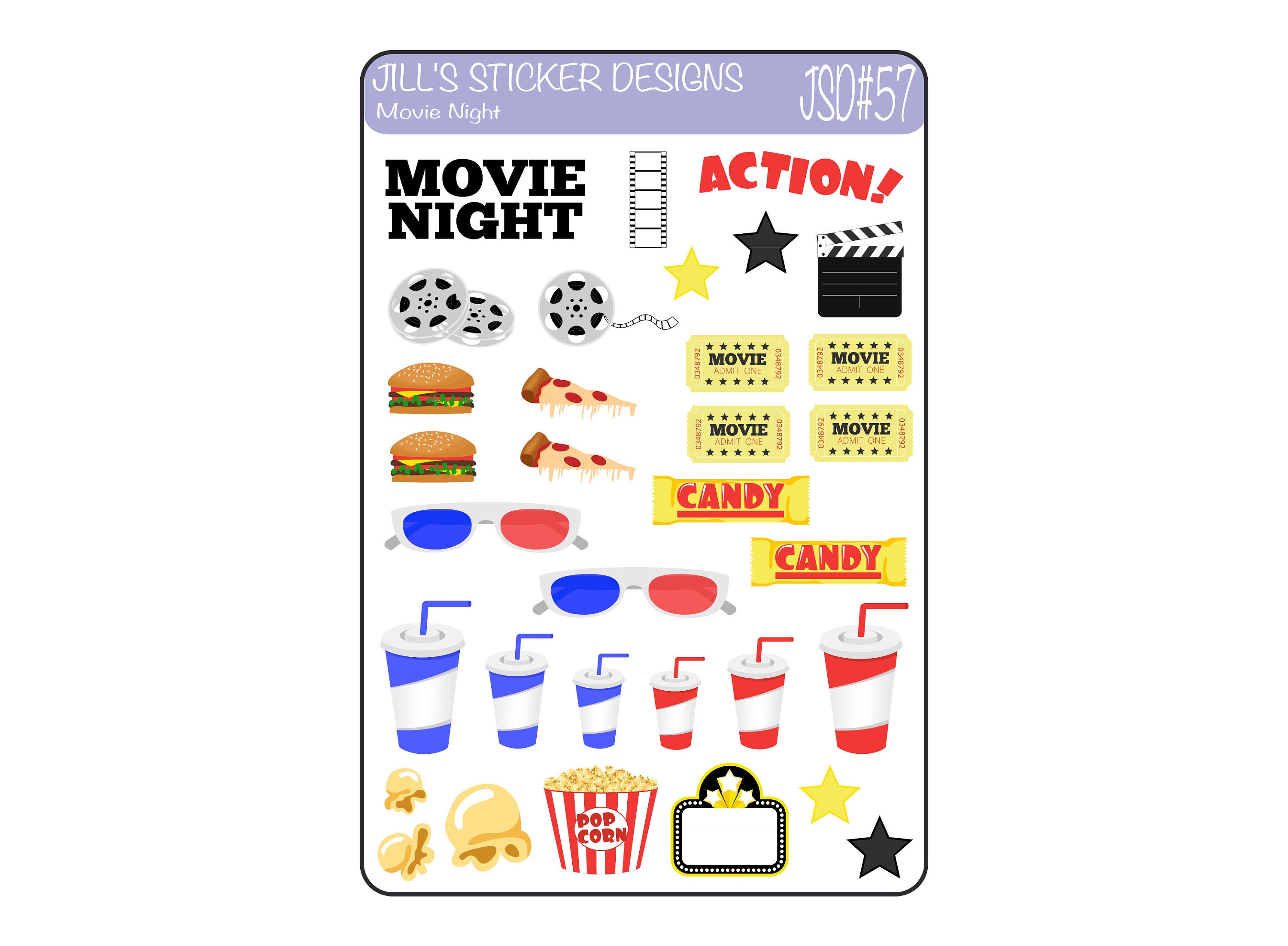 JSD#57 || Movie Night Stickers, Entertainment Stickers, Erin Condren ...