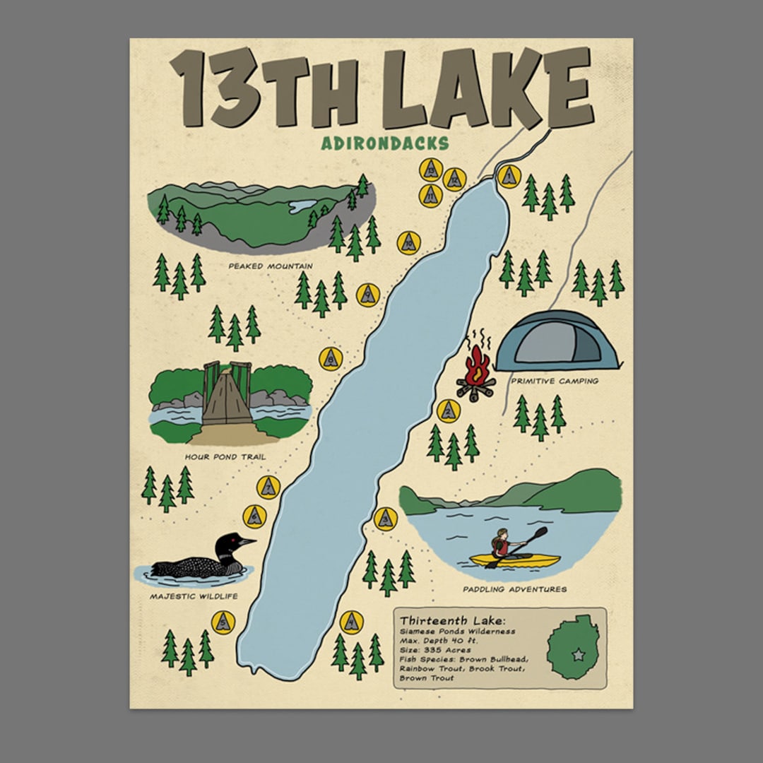 Thirteenth Lake Illustrated Map Poster Adirondacks - 13th Lake Map ...