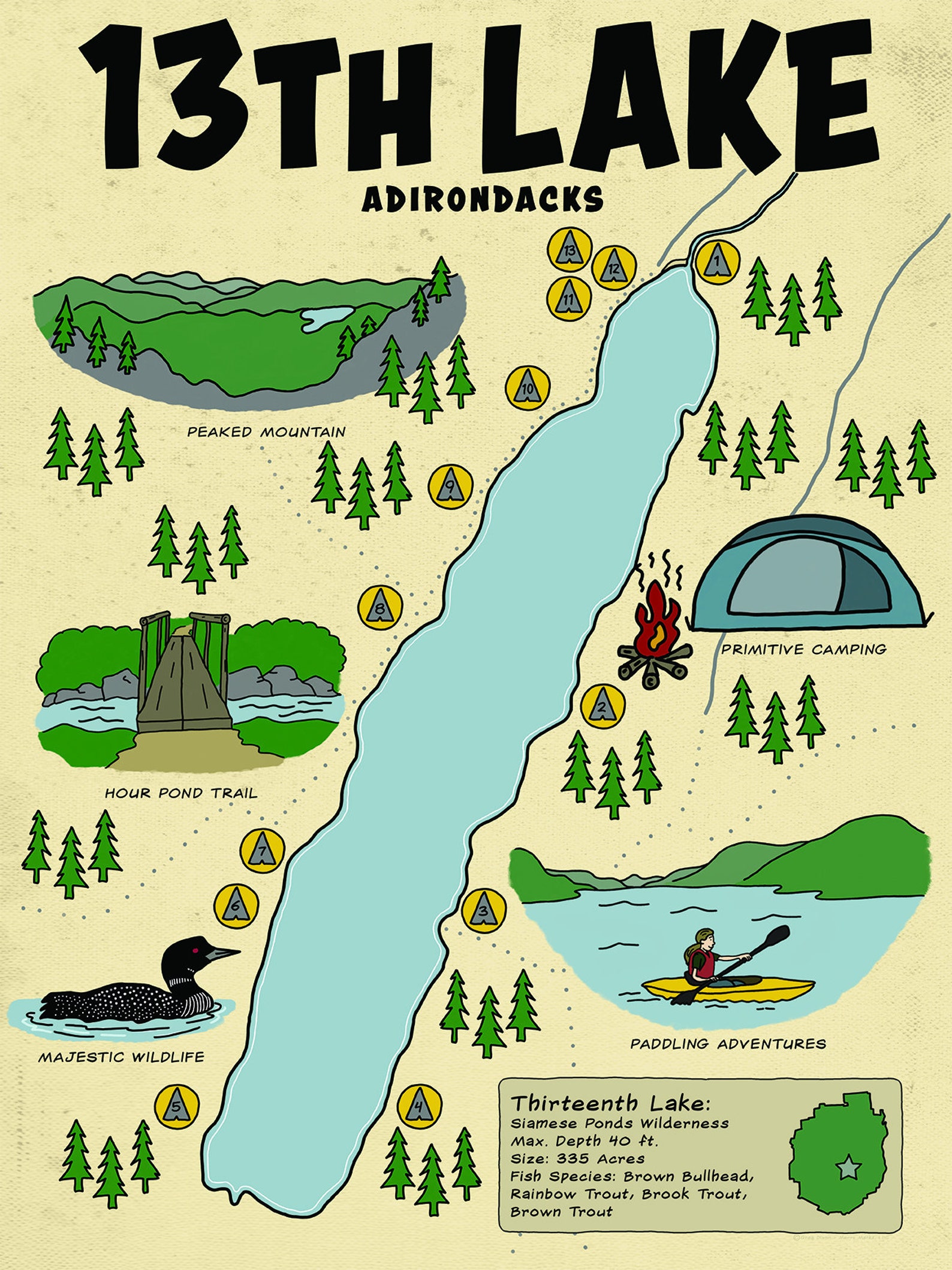 Thirteenth Lake Illustrated Map Poster Adirondacks 13th Lake - Etsy