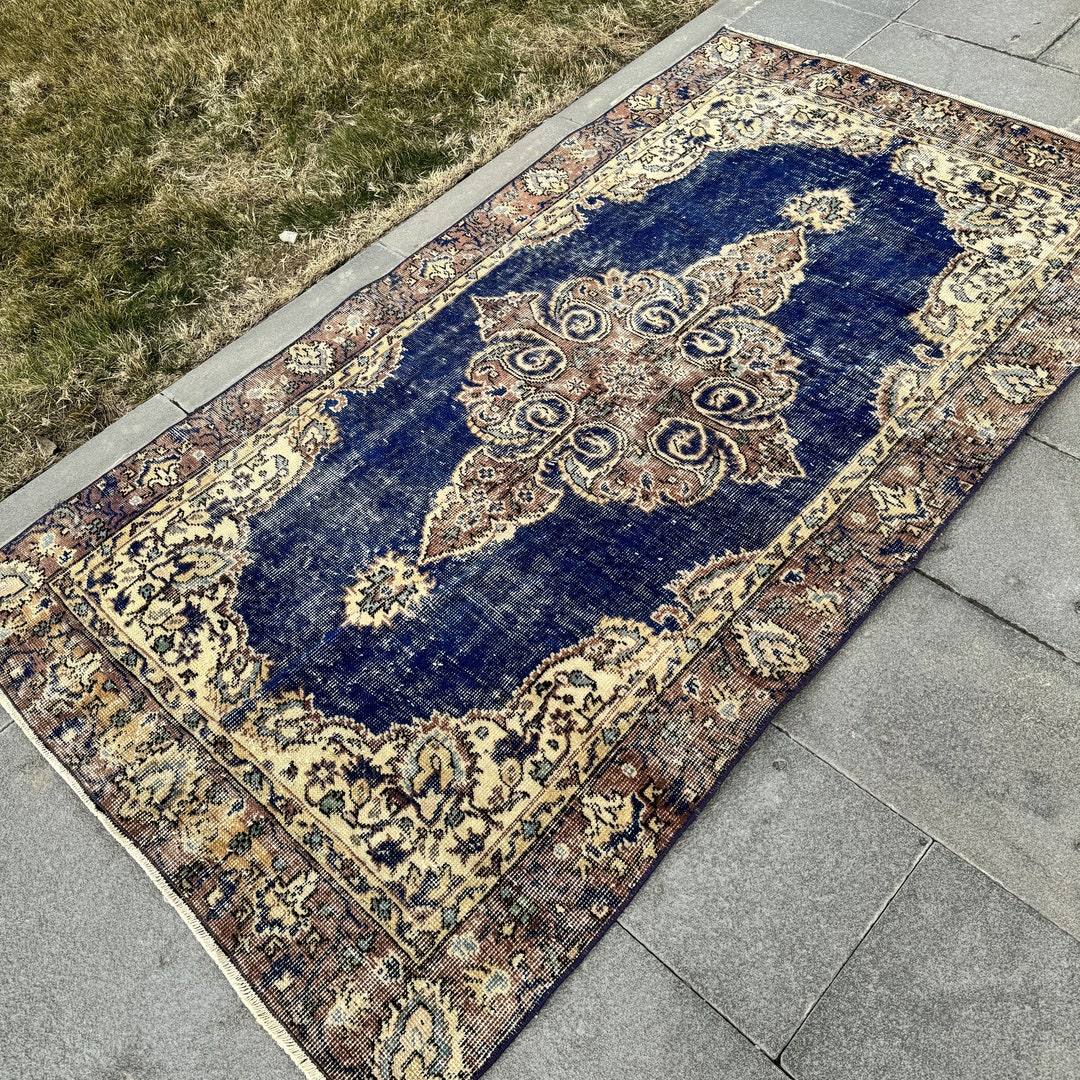 Vintage Rug Turkish Accent Anatolian Rugs for Bedroom 3.5x6.3 Ft Blue ...