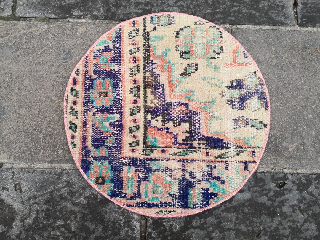 Vintage Circle Carpet 19x19 Inches Anatolian Vintage Rug Oushak Design ...