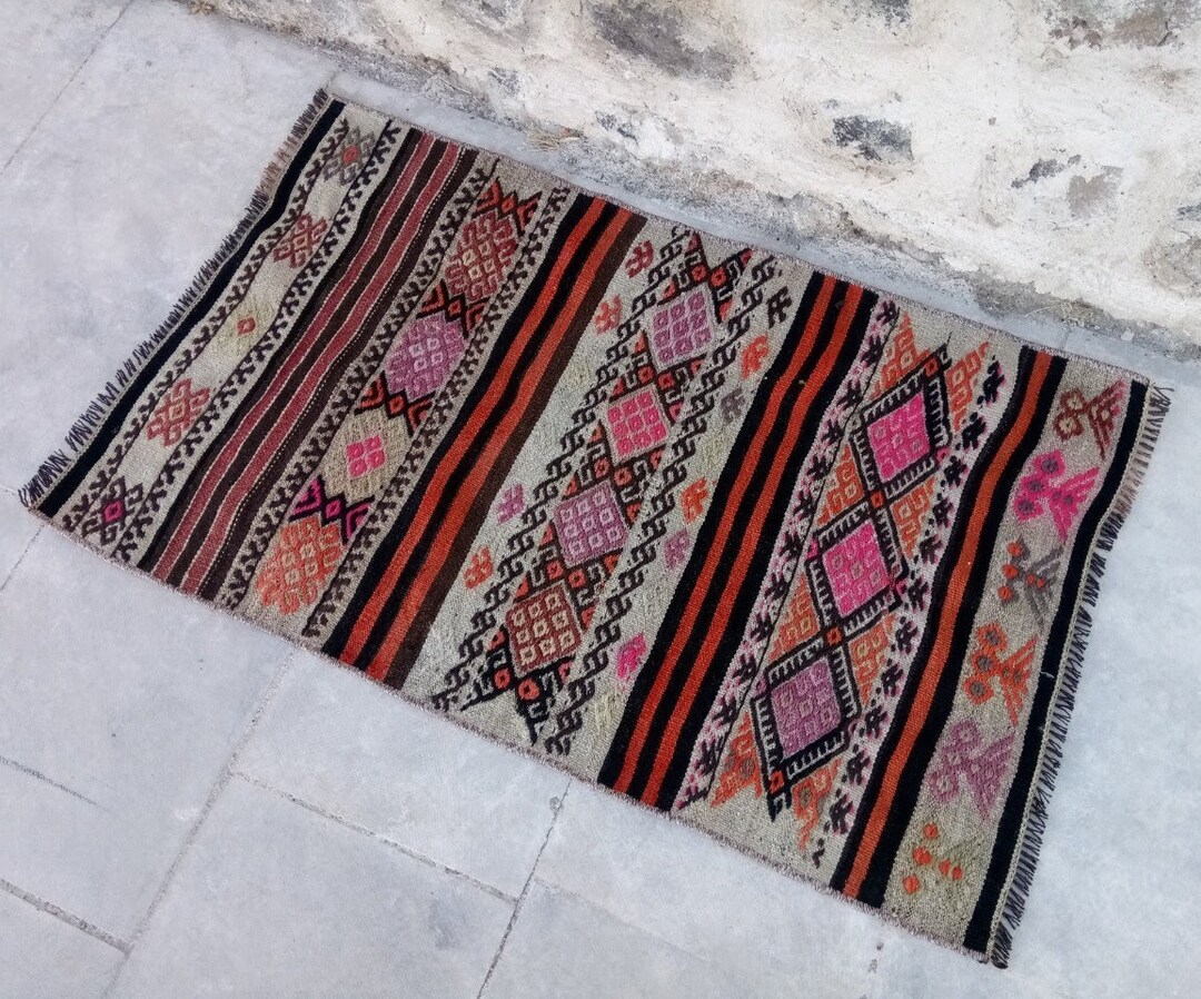 Turkish Small Kilim 24x38 Inches Anatolian Striped Kilim Wool Kilim ...