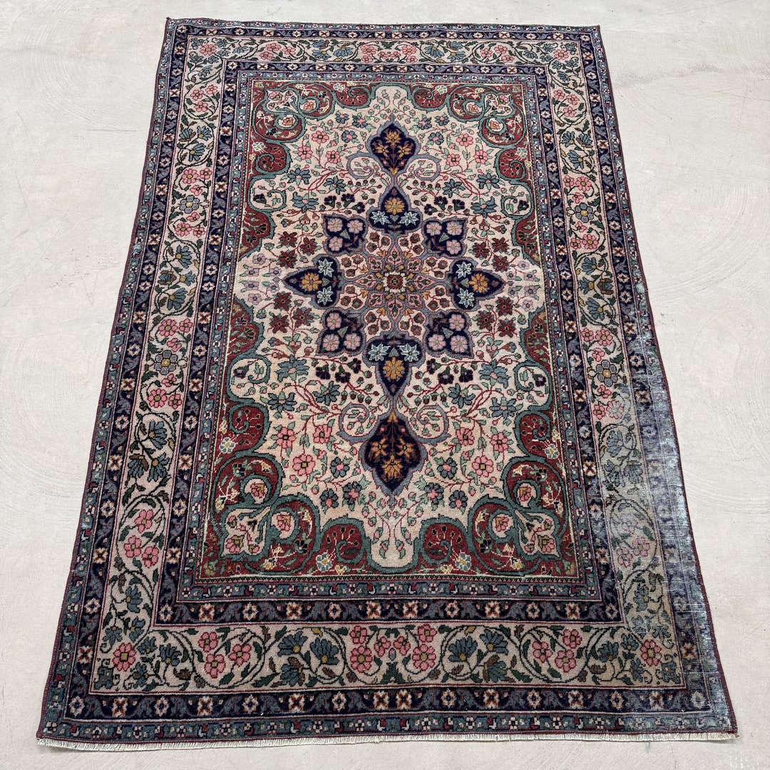 Vintage Rug Turkish Accent Antique Rugs for Salon 3.9x5.9 Ft Green ...