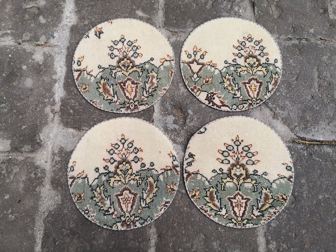 Set of 4 Rug Vintage Circle Rug 17x17 Inches Turkish Anatolian Rug ...